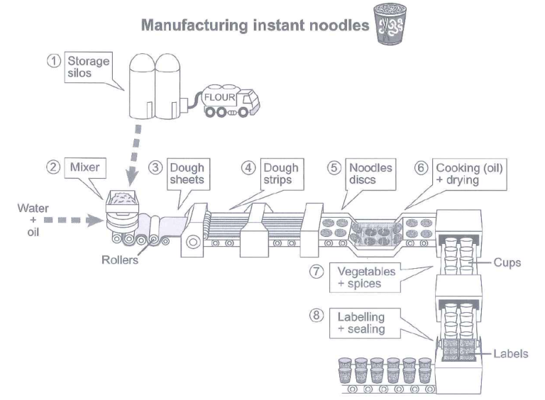 The diagram below shows how instant noodles are manufactured - IELTS Anika